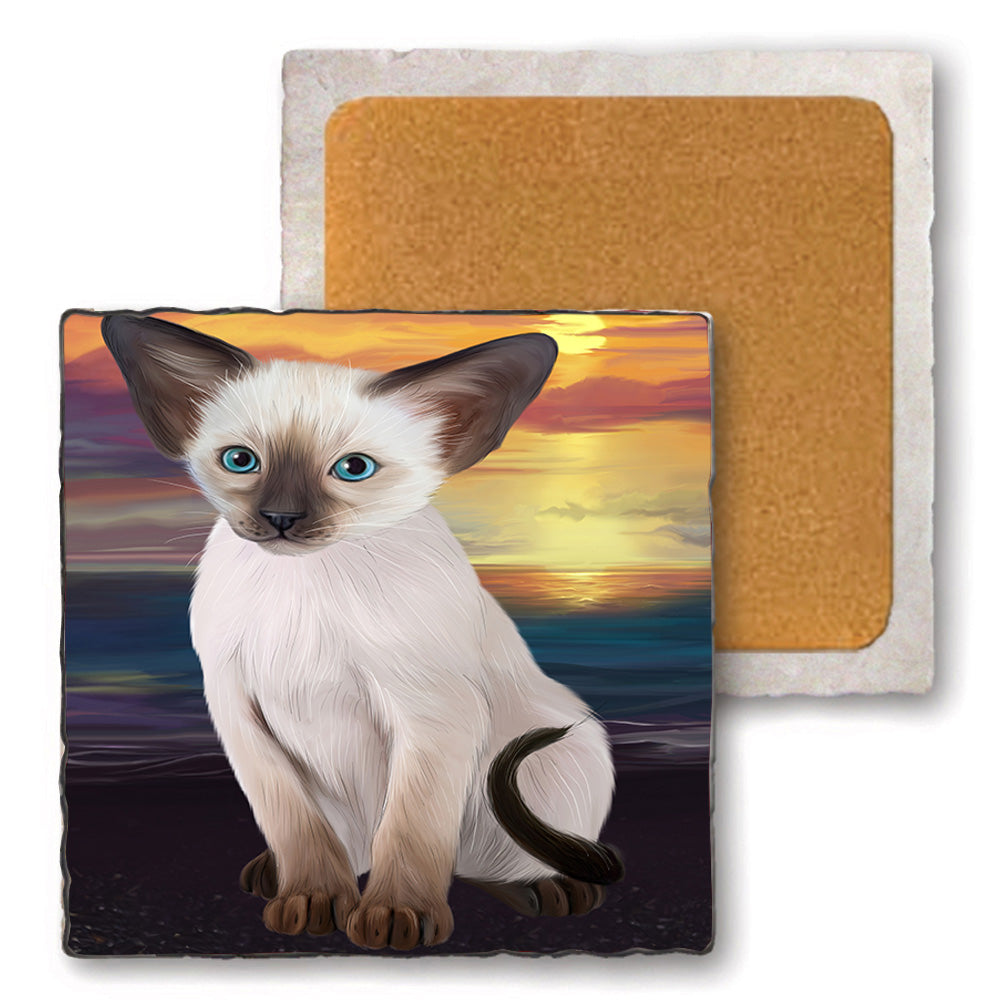Sunset Oriental Blue Point Siamese Cat Dog Set of 4 Natural Stone Marb